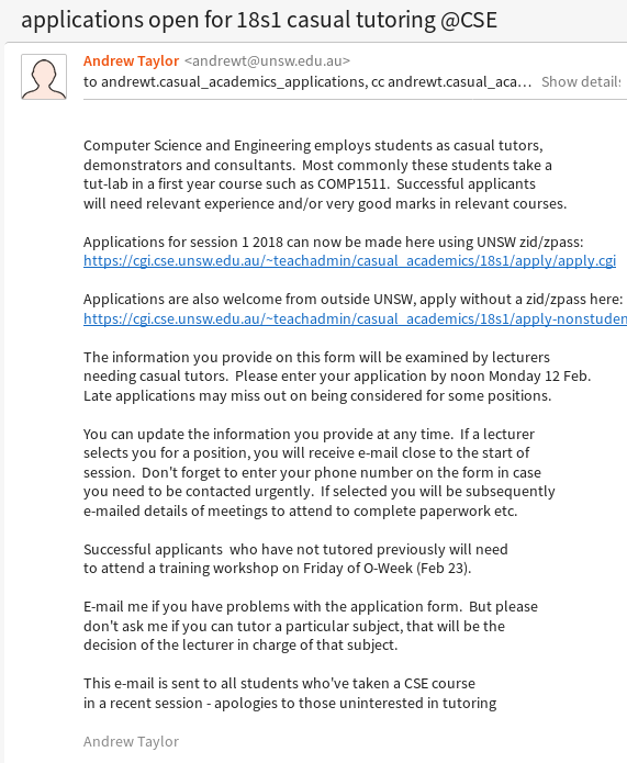UNSW CSE Casual Tutoring Experience – 18s1 Lab Assistant | Michael Yoo